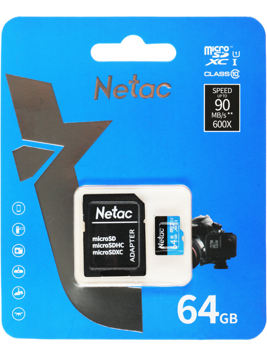 Карта памяти microSDXC UHS-I U1 NETAC P500 64 ГБ, 80 МБ/с, Class 10, NT02P500STN-064G-R, 1 шт, переходник SD