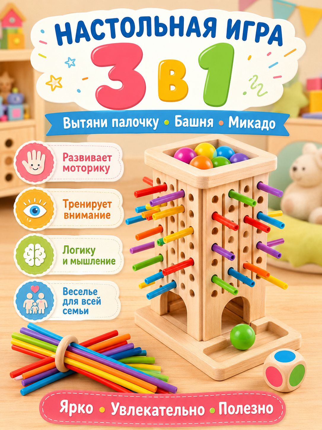Настольная игра 3 в 1 детям: сортер для малышей от года, микадо, керпланк, развивающая игрушка
