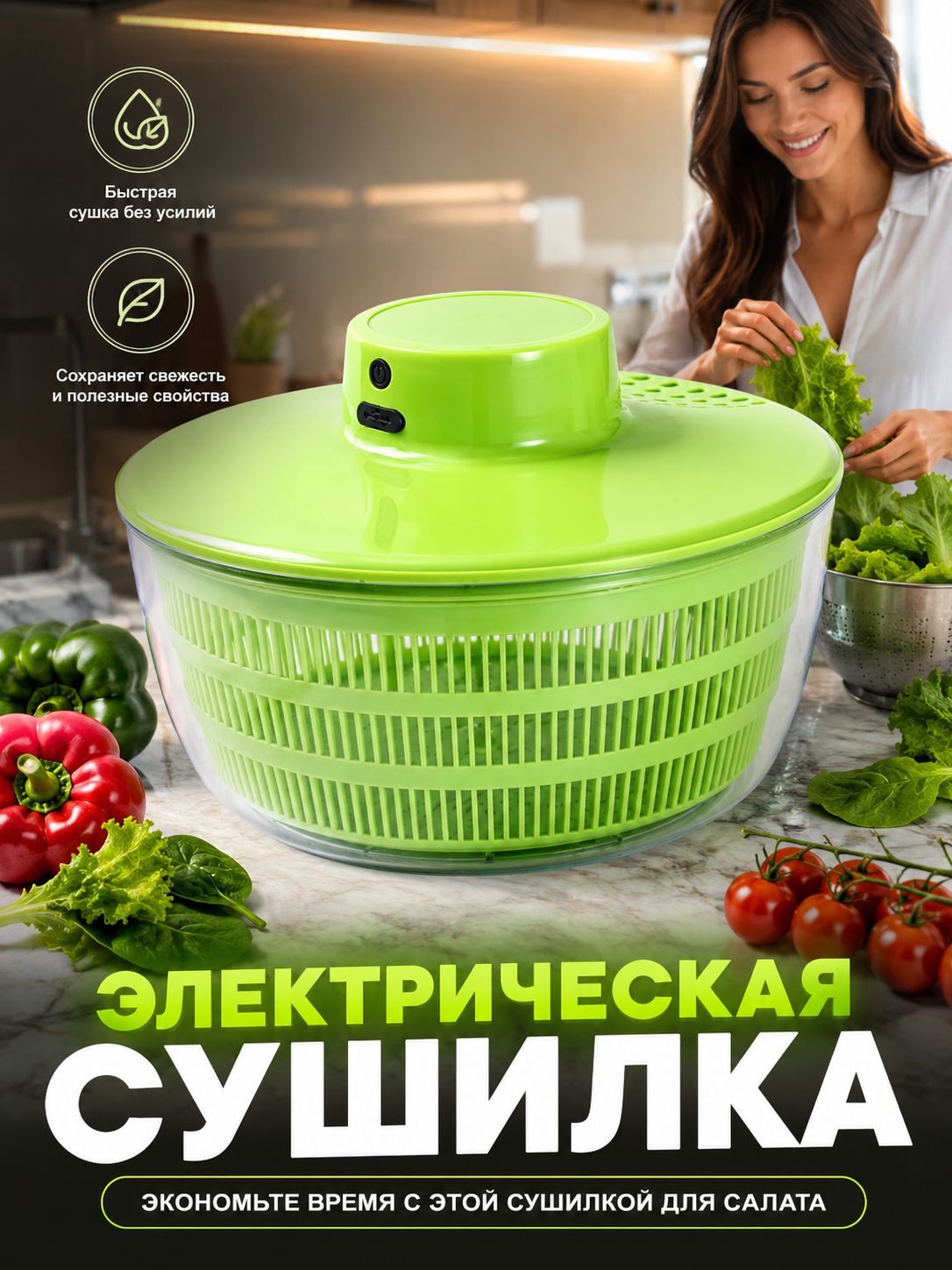 Сушилка для салата и зелени электрическая, центрифуга для мытья и сушки овощей