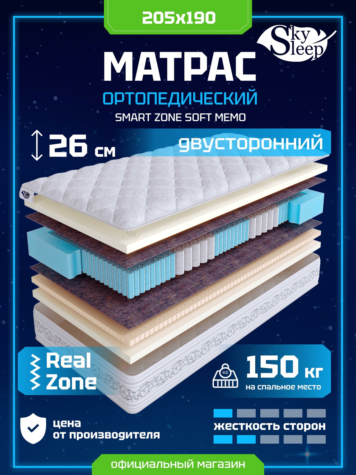 Матрас SkySleep SMART ZONE Soft Memo на кровать 205x190 см двуспальный независимые пружины Memory Foam
