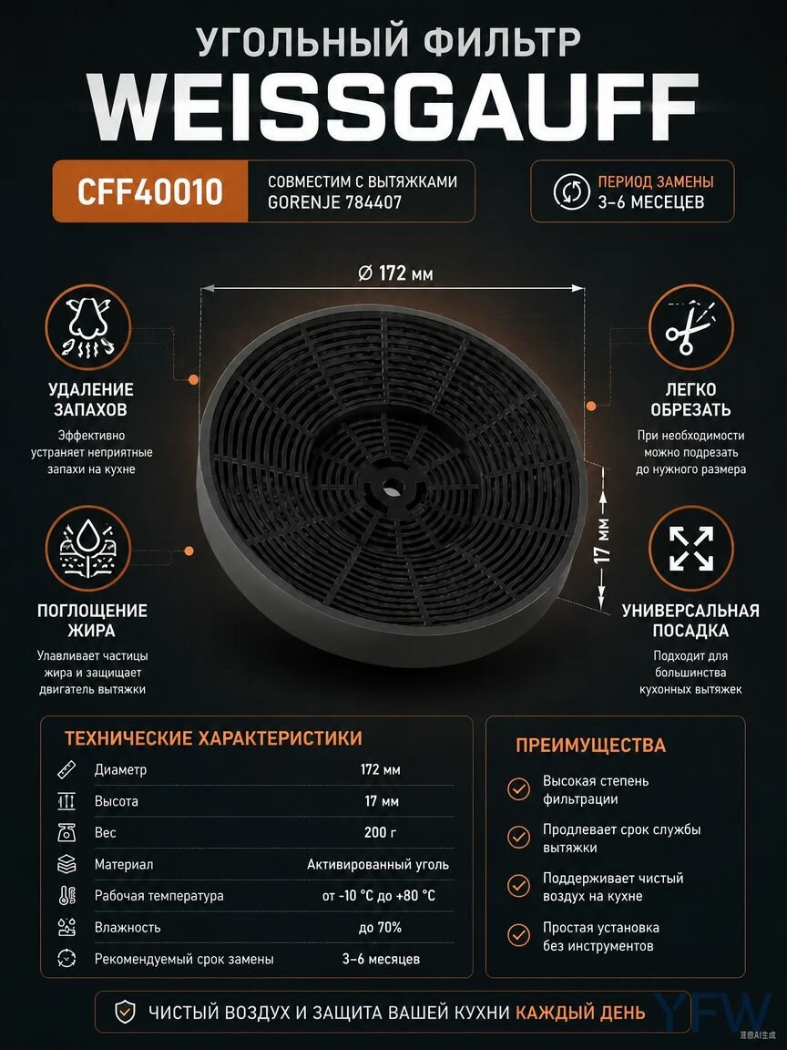 Угольный фильтр 40010, 784407, сменный запасной фильтр