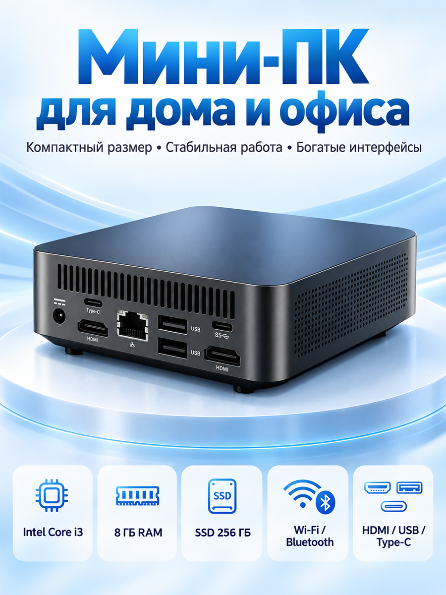 Компактный мини-компьютер для дома и офиса Intel Core i3-6100U, 8 ГБ RAM, SSD 256 ГБ, двойной HDMI, Type-C