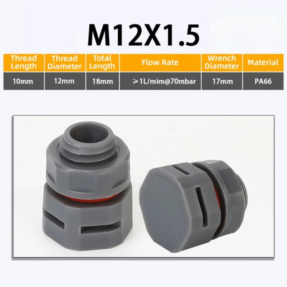 Водонепроницаемый вентилирующий клапан IP68 M12x1.5 из нейлона 5pcs Grey