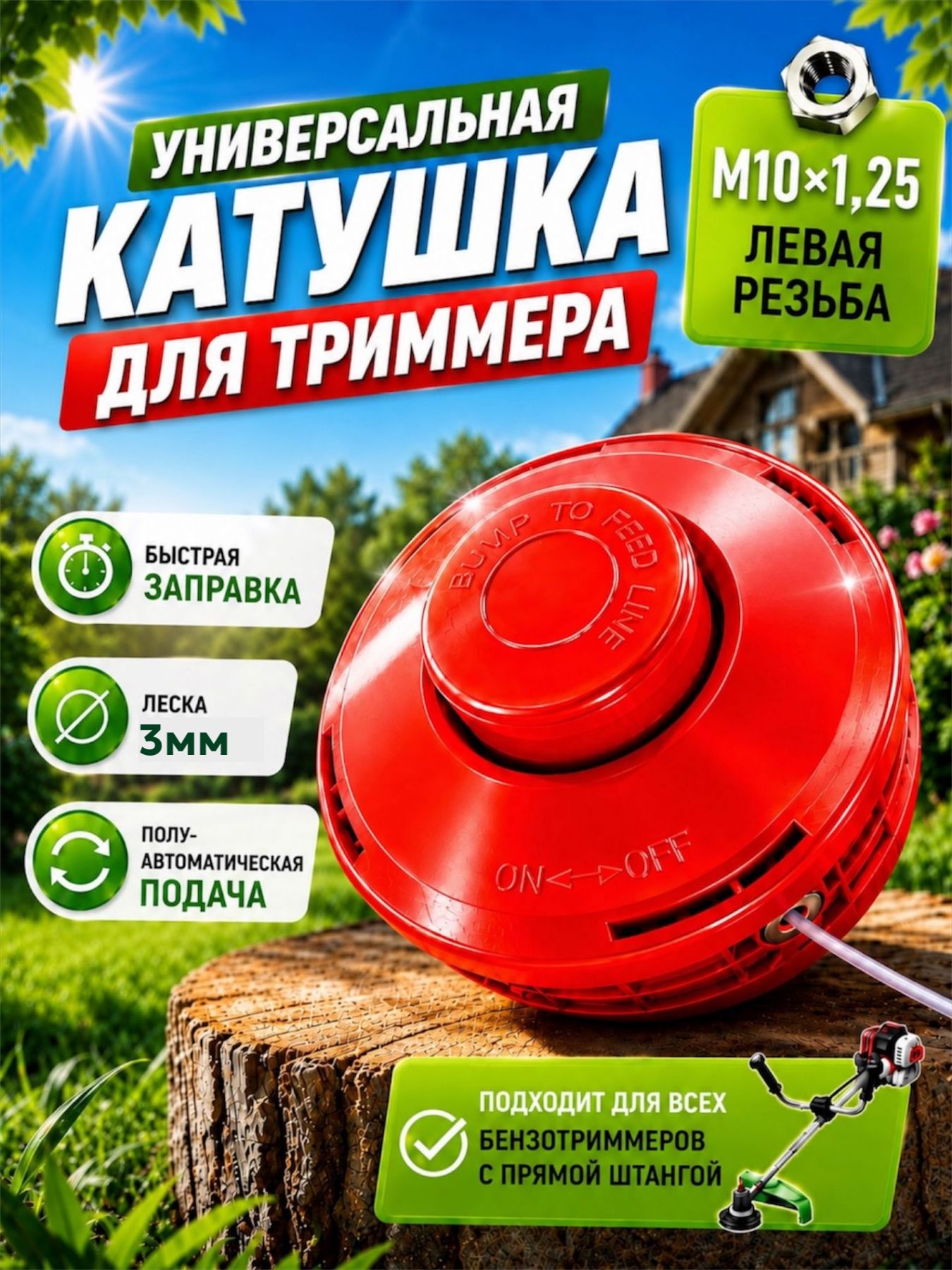 Катушка для триммера автоматическая, леска 3 мм, гайка М10/M8х1.25
