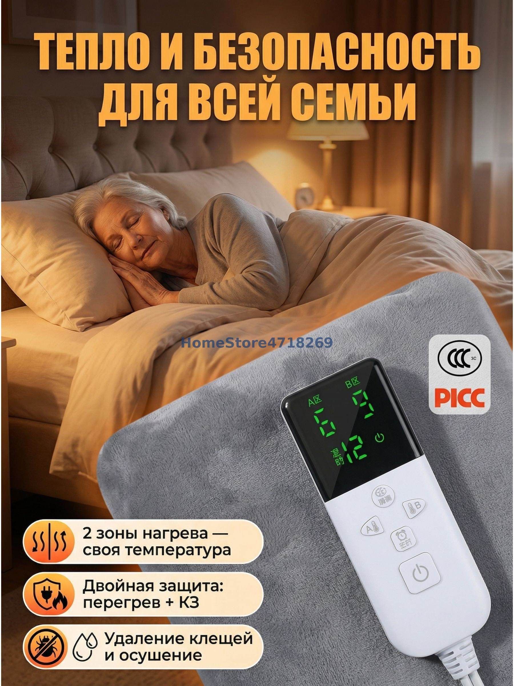 Электроодеяло 180x200 см, 180 Вт