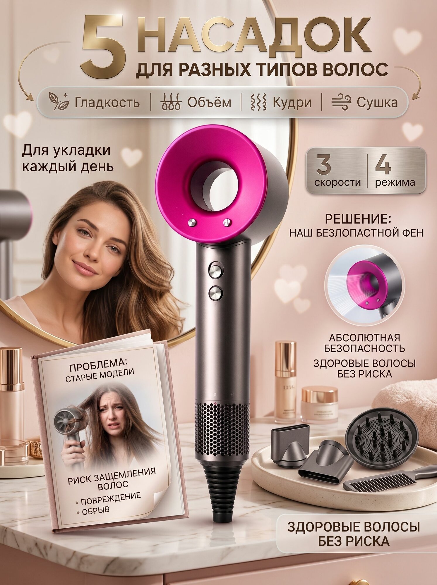 Фен для волос высокоскоростной профессиональный с ионизацией, бесщеточный мотор 110000 об/мин, 5 насадок, 3 скорости, 4 режима температуры, тихий, серебристый с розовым