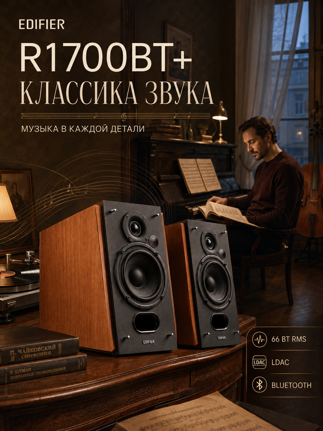 Акустическая система Edifier R1700BT+ 2.0, активные Bluetooth колонки, 66 Вт, RCA/AUX, MDF корпус, пульт ДУ, коричневые