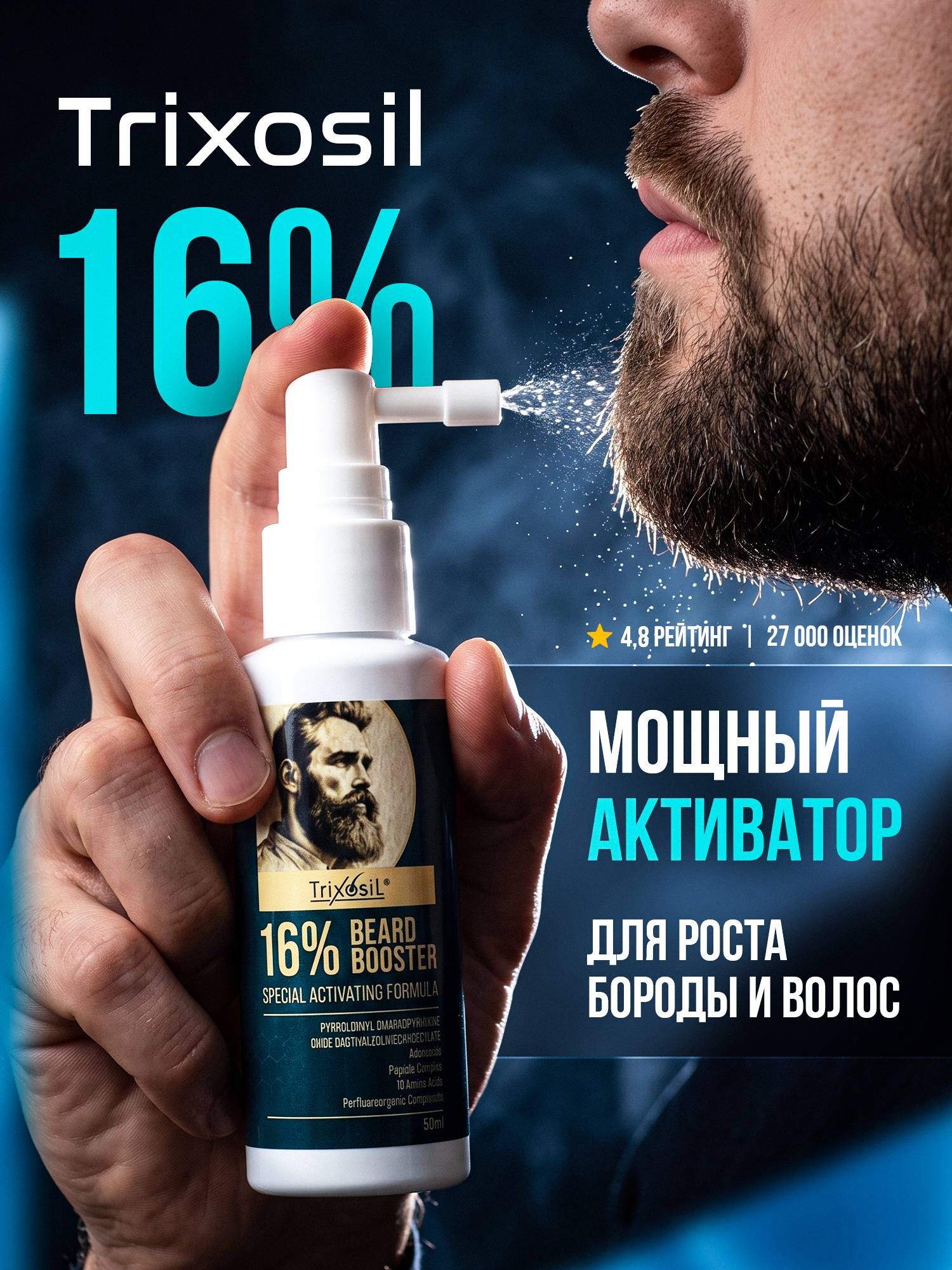 Trixosil 16% Лосьон для роста волос и бороды, уход за кожей головы и зоной бороды, с пипеткой и мезороллером в комплекте