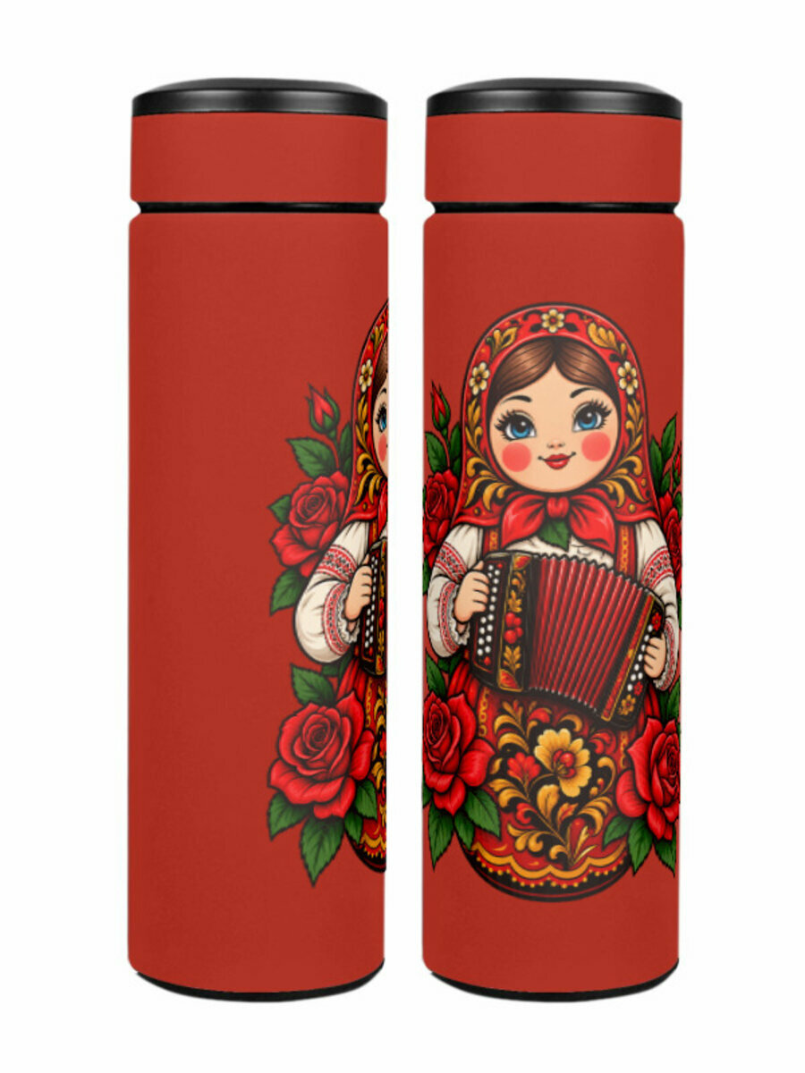 Термос «Матрёшка с гармошкой в розах. Сувенир» (красный)