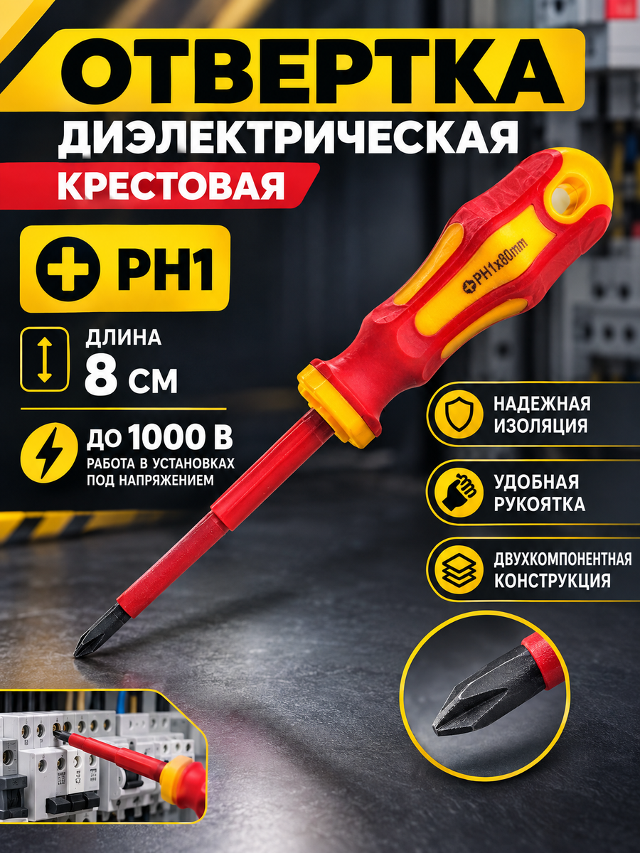 Отвертка крестовая диэлектрик для работы в установках до 1000В , PH1х8см