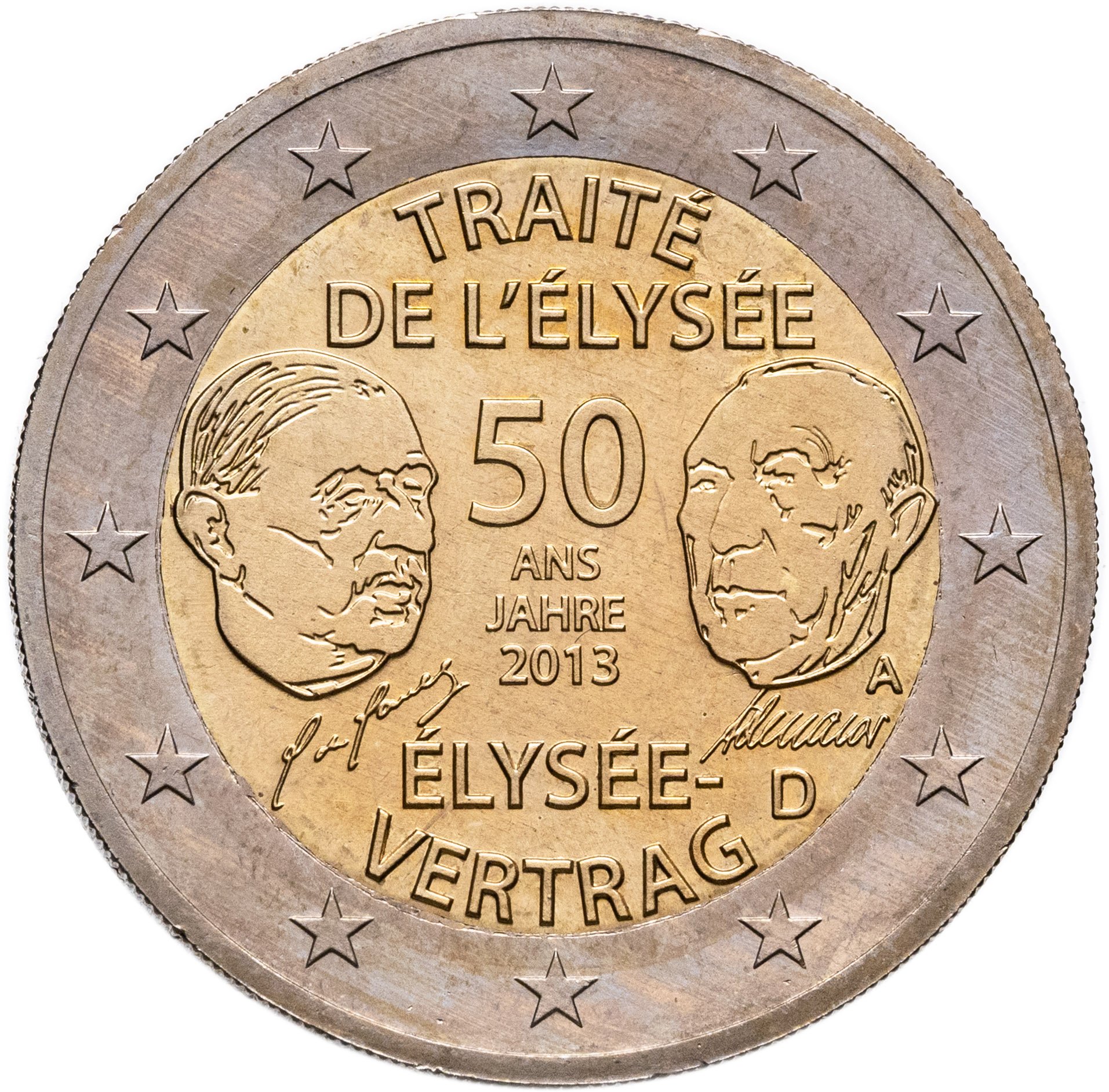 Германия 2 евро 2013 "50 лет Елисейскому договору о франко-германской дружбе", Биметалл, в сохранности AU