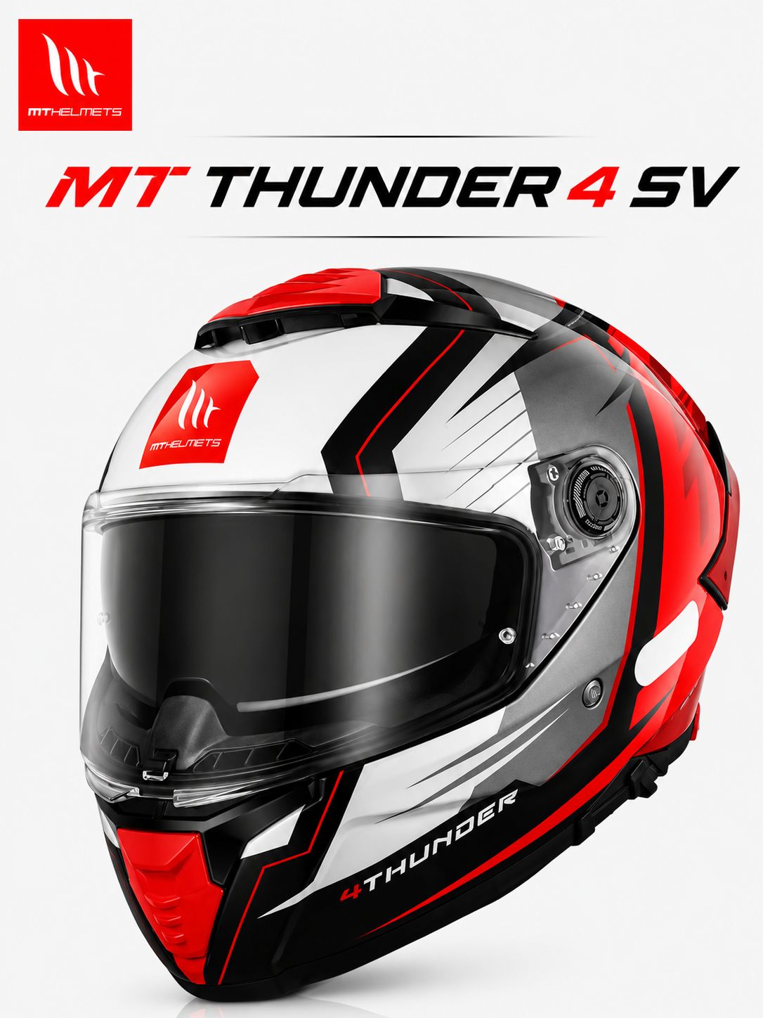 MT Thunder 4 SV мотошлем интеграл спортивный шлем для мотоцикла с солнцезащитным визором ЦветКрасный, белый, чёрный Размер: M