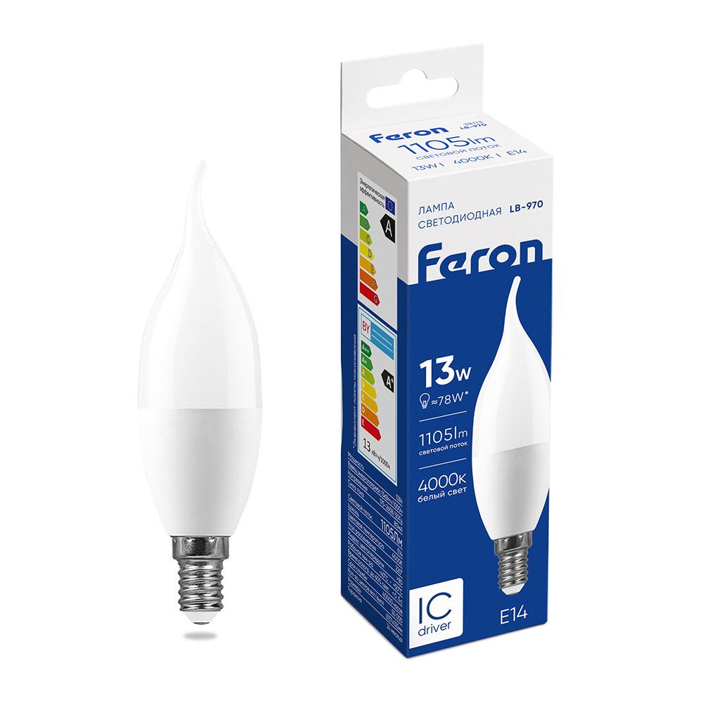 Лампа светодиодная LB-970 Свеча на ветру E14 13W 175-265V 4000K комплект 3 штуки, FERON 38113