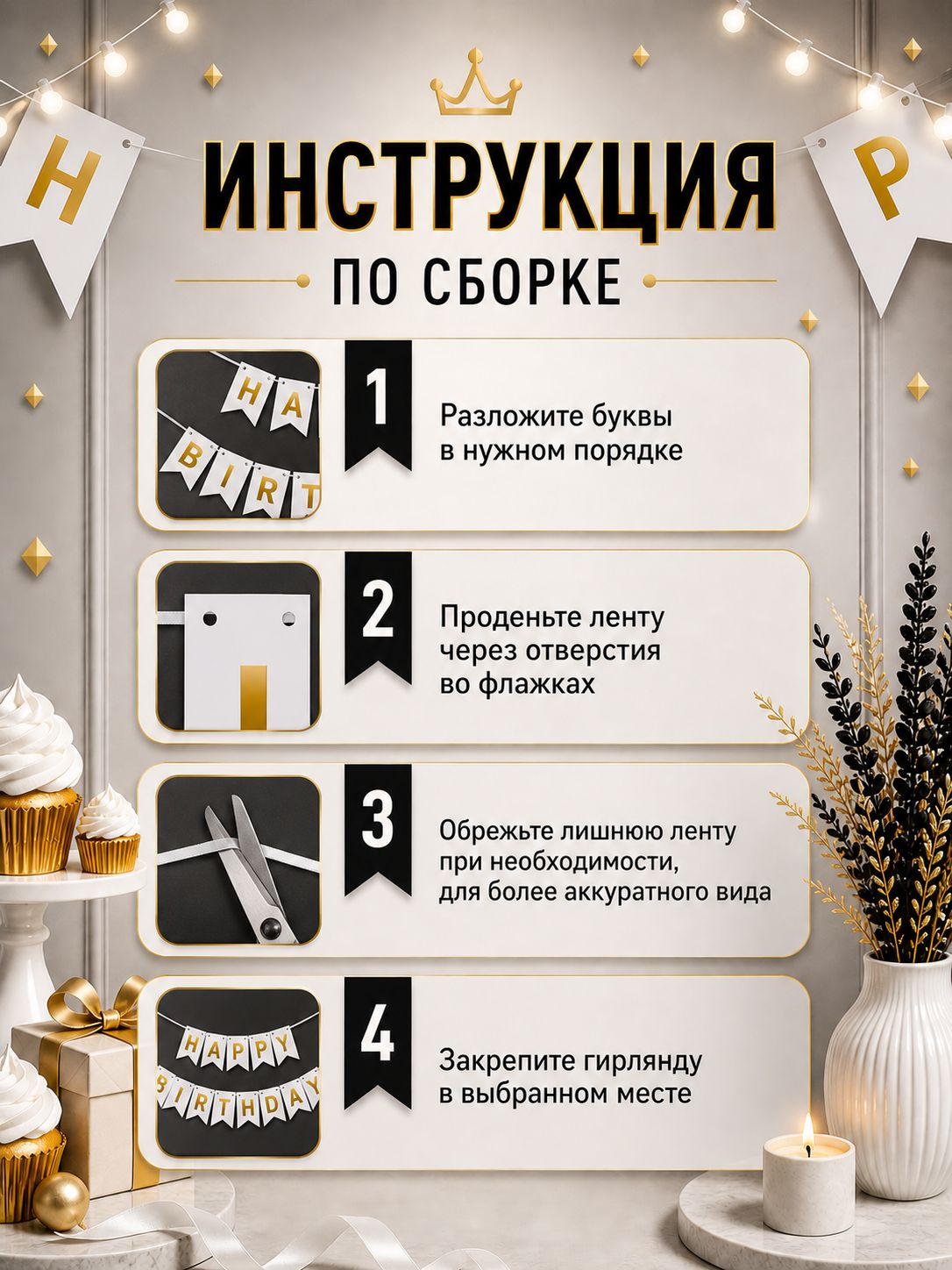 Гирлянда растяжка 1 шт картон белый