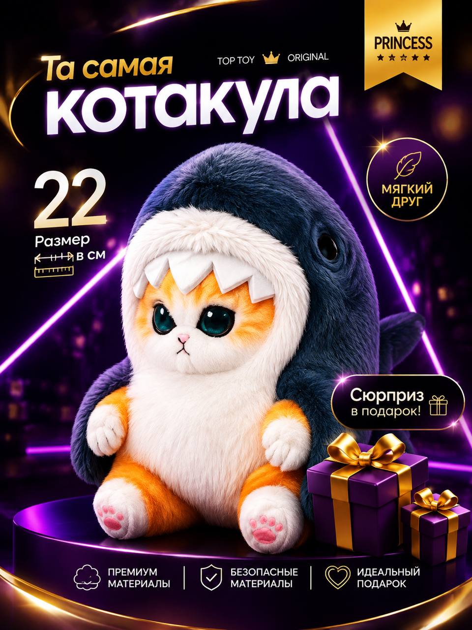 Кот Акула плюшевая мягкая игрушка антистресс котик