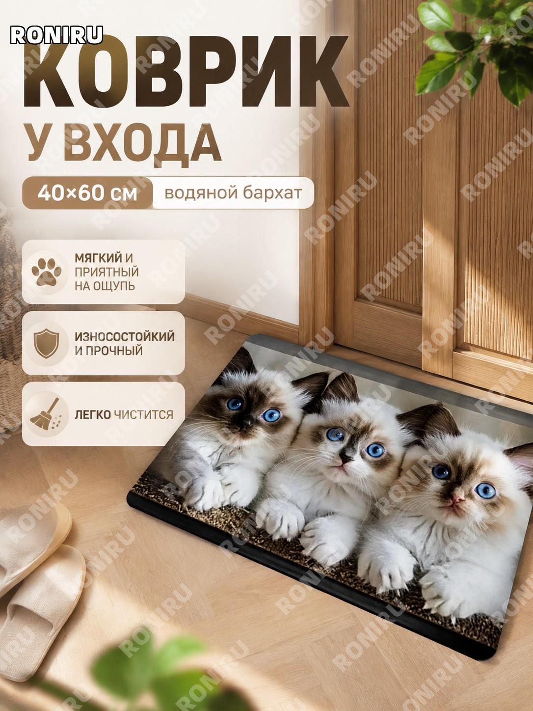 Коврик для пола с котиком Котик-2 40×60 см из кристального велюра для прихожей и зоны обуви милый домашний декор