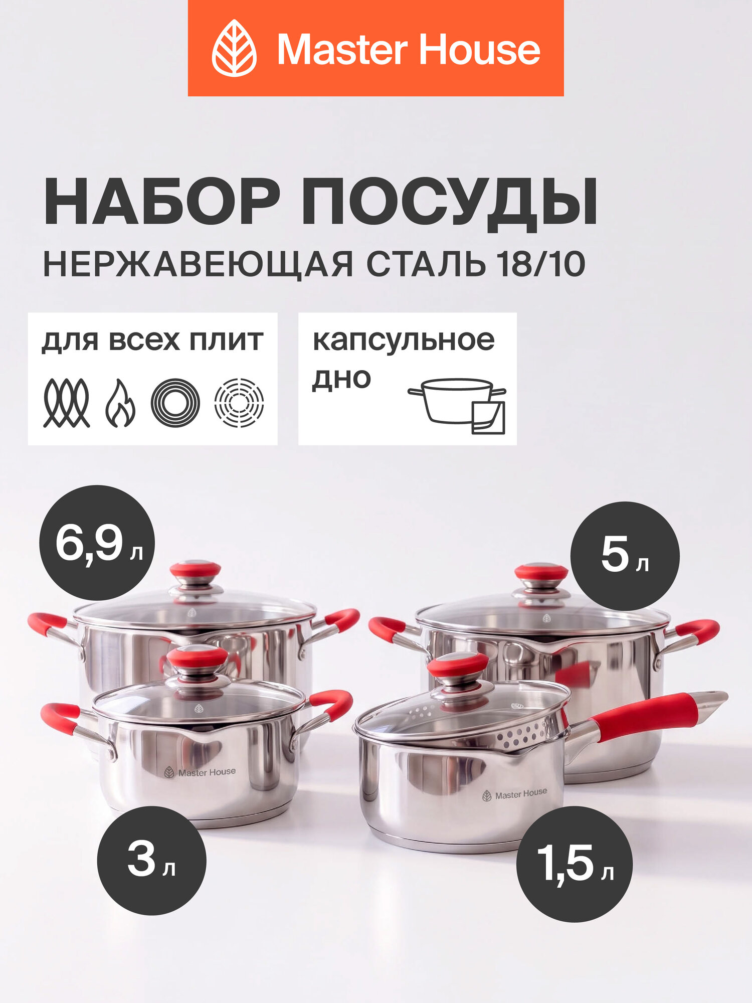 Набор кастрюль из нержавеющей стали с крышкой, серия Rosse Master House