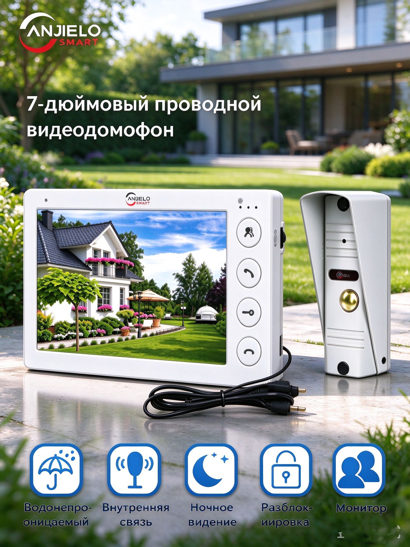 ANJIELOSMART Видеодомофон, 480x408, 7', Проводное подключение, Без трубки, белый