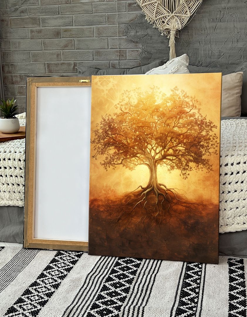 Картина на холсте (дерево, корни, ветви, золотистый свет, природа, жизнь) 40x60 см. Интерьерная на стену. Украшение в комнату. В подарок.