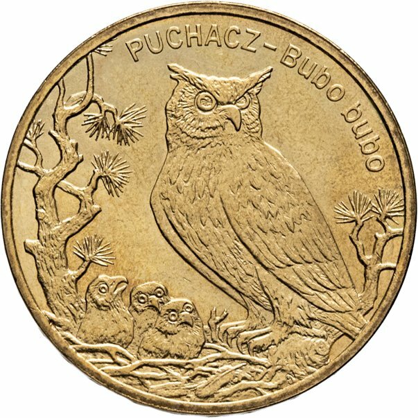 Польша 2 злотых zlote 2005 "Всемирная природа - Филин", Латунь, в сохранности UNC
