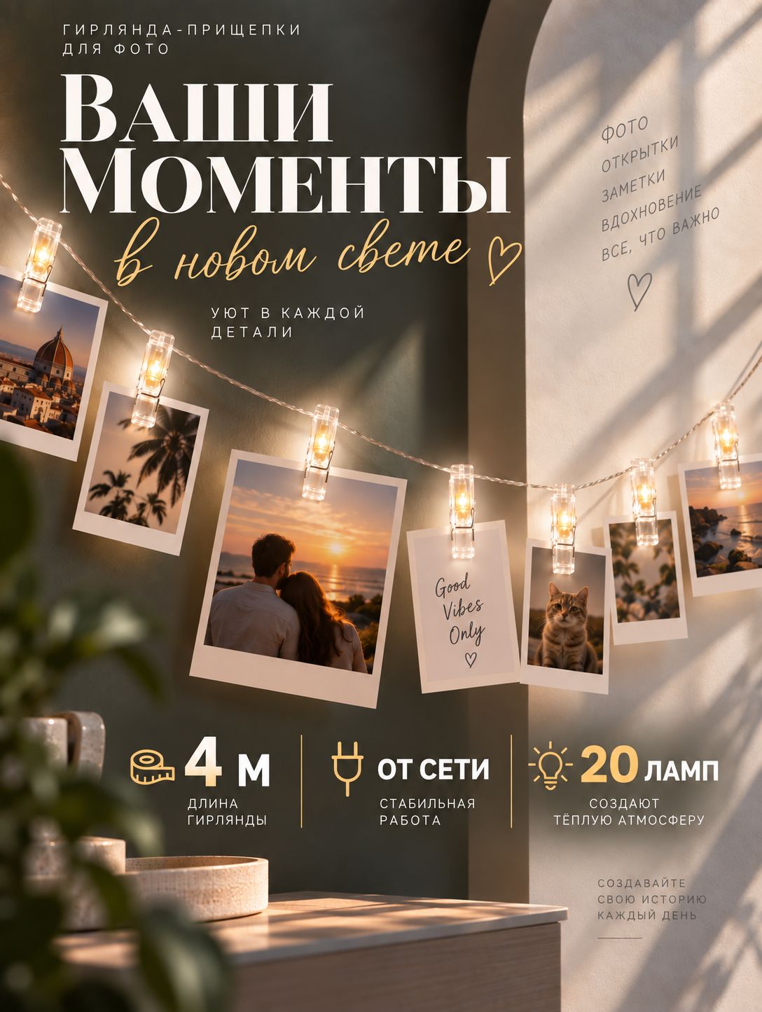 Гирлянда с прищепками для фото, 20 ламп 4 метра, желтая