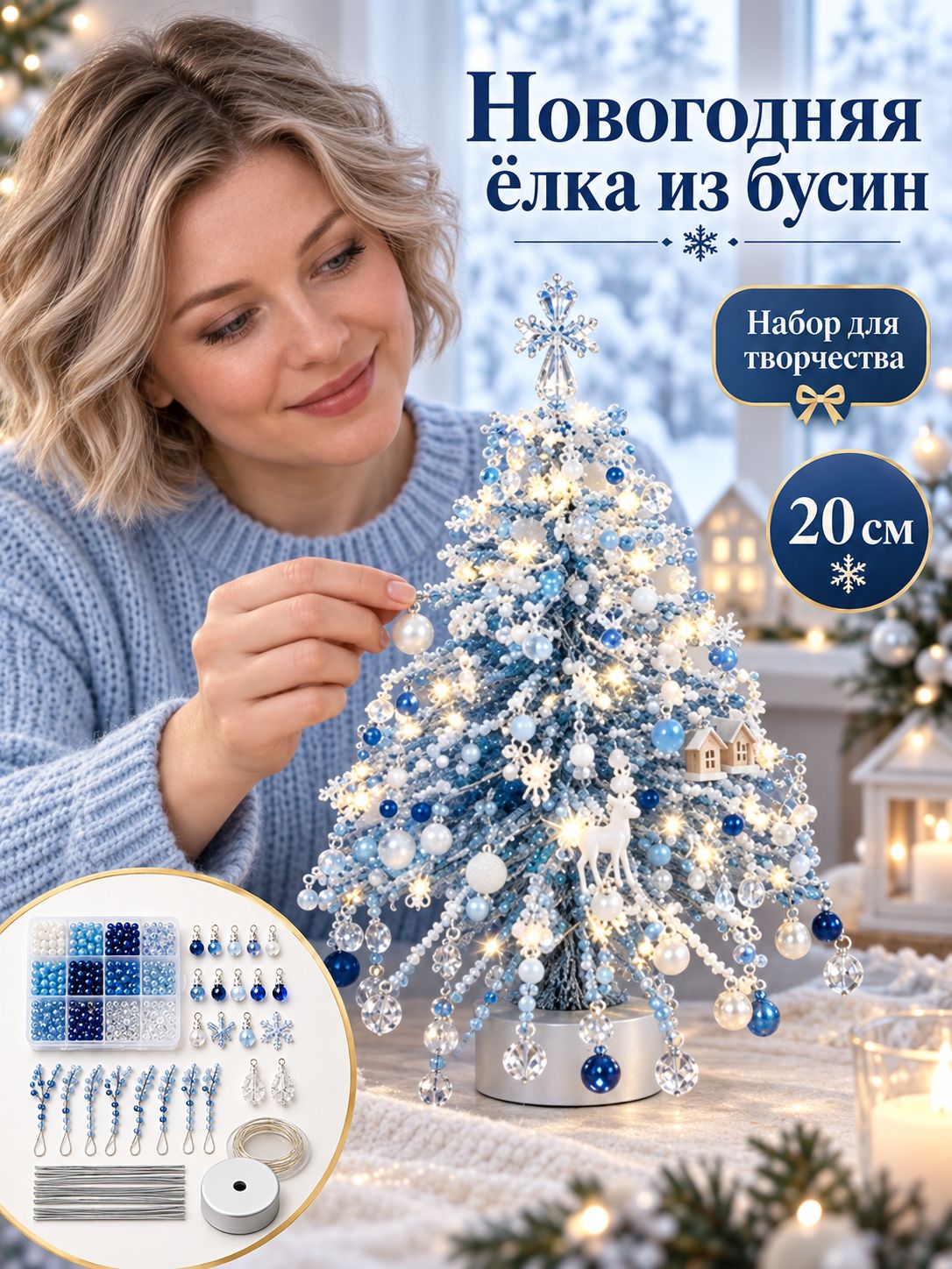 Новогодняя елка из бусин, набор для бисероплетения, 20 см