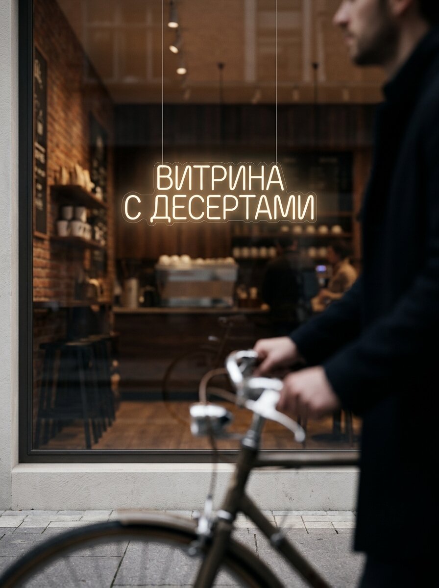 Неоновая вывеска "Витрина с десертами" 92х30см, неоновая надпись, LED светильник для кофейни