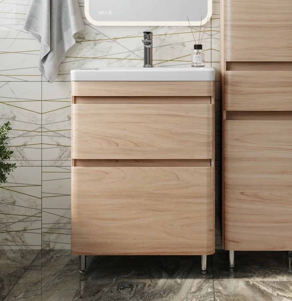 Тумба с раковиной Style Line Атлантика 60 напольная, 60 см, светлое дерево, матовая, из МДФ, с ящиками, раковина для ванной, из искусственного мрамора, прямоугольная