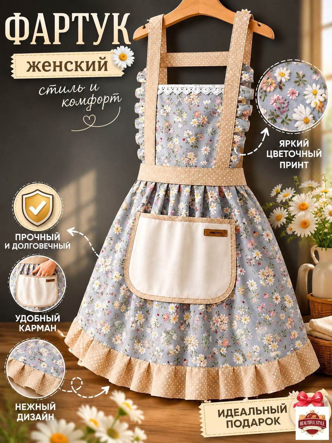 Фартук кухонный 1шт, Серо-голубой
