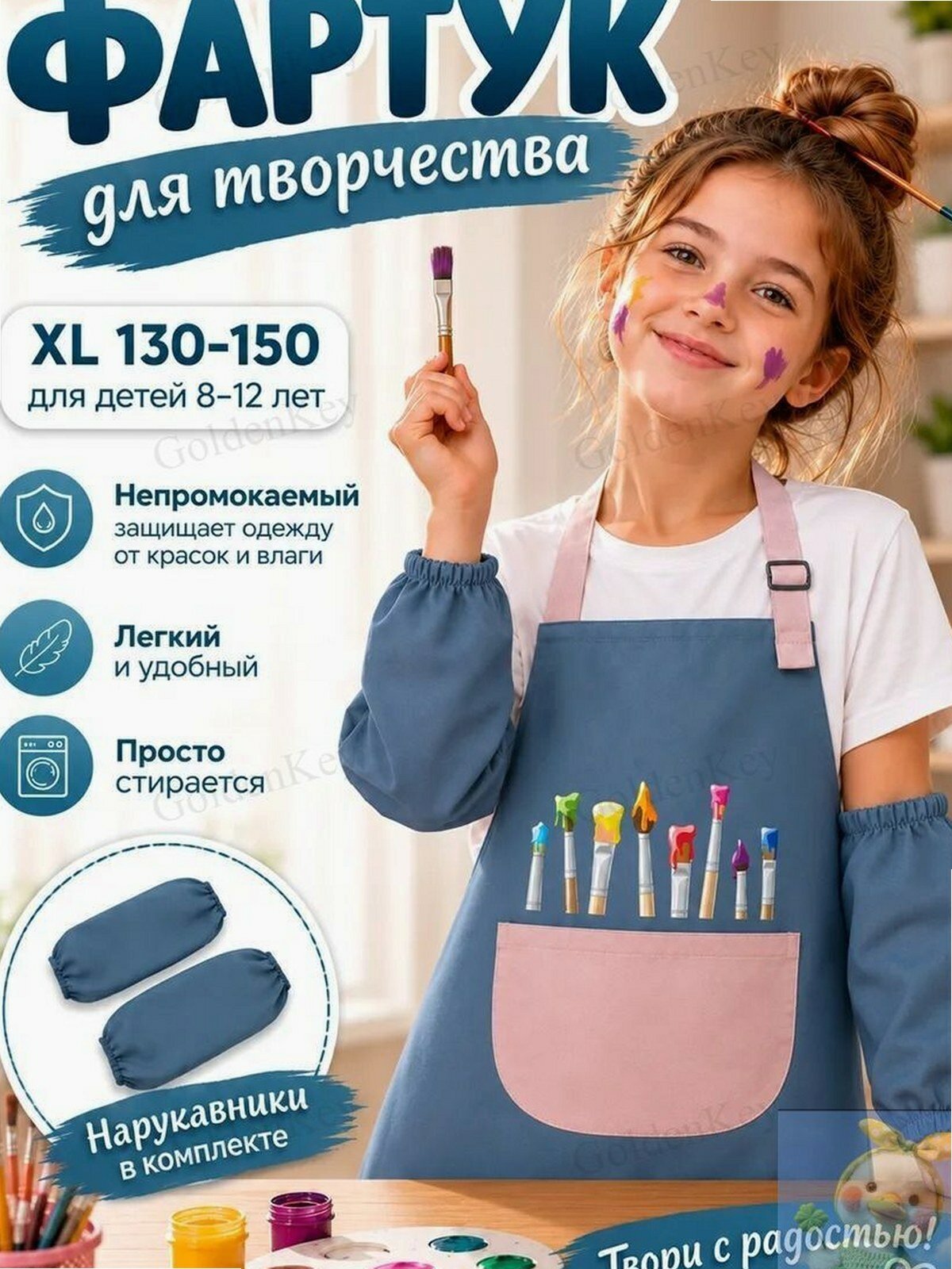 Детский фартук для рисования с нарукавниками, полиэстер, синий, 3 шт, для кухни и творчества