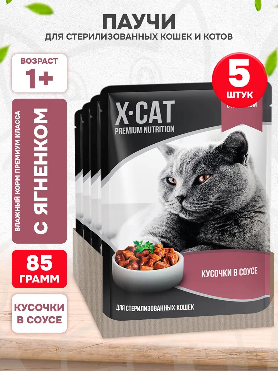 Корм влажный X-Cat для взрослых кастрированных котов и стерилизованных кошек, ягненок в соусе, 85 г 5 шт