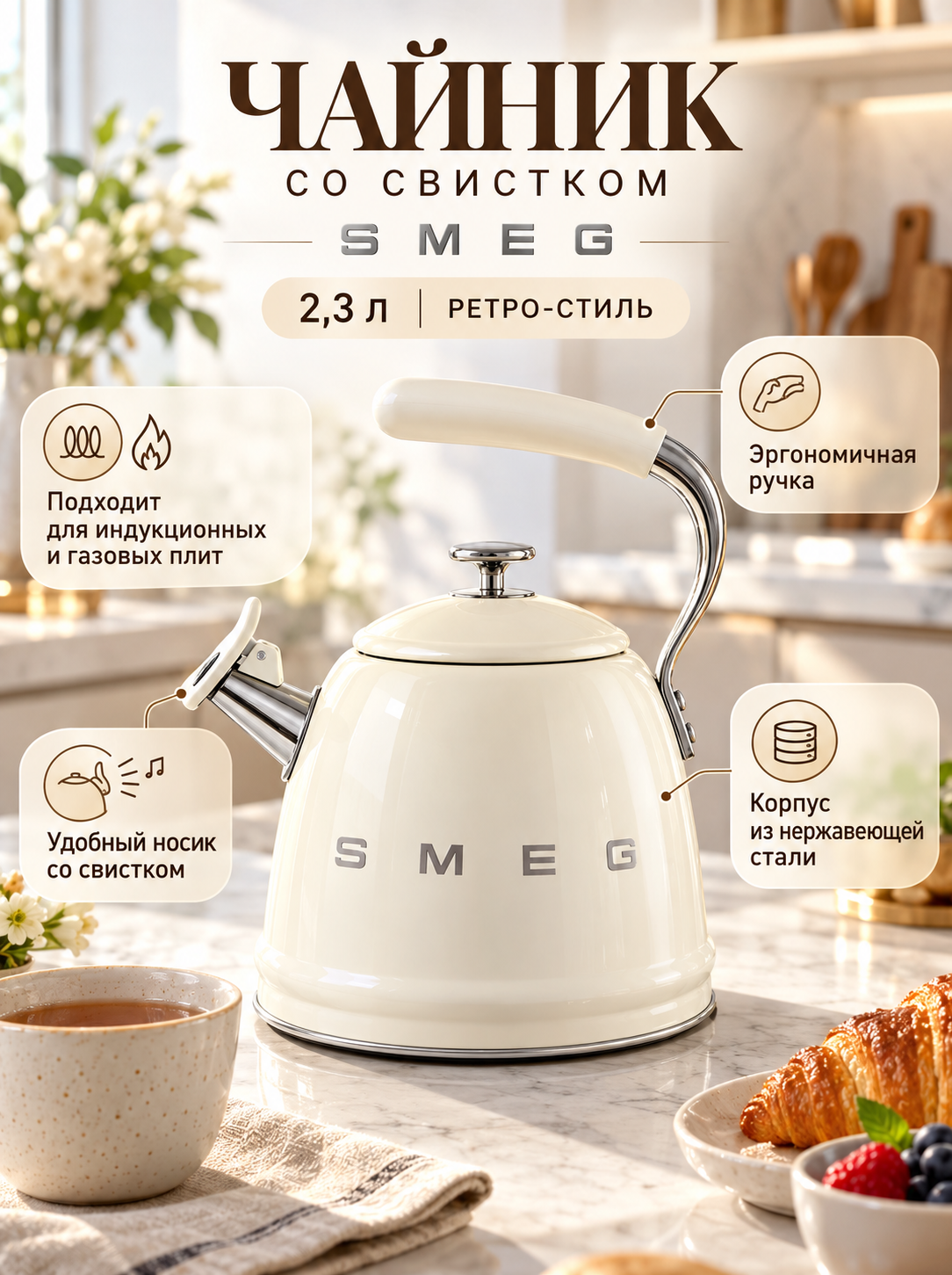 Чайник со свистком SMEG CKLW2001CR, кремовый, стиль 50-х г. г, объем 2.3 л, нерж. сталь, совместим с любой плитой