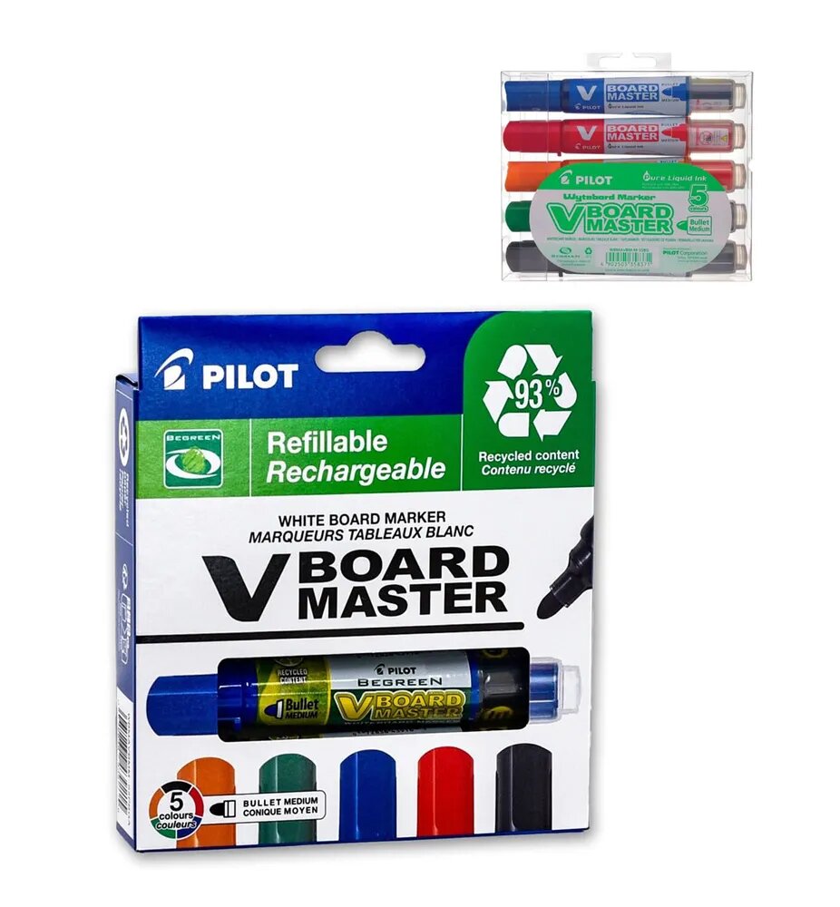 Набор маркеров PILOT V-BOARD Master по доске, 5 цв, 2-4 мм, сменный картридж