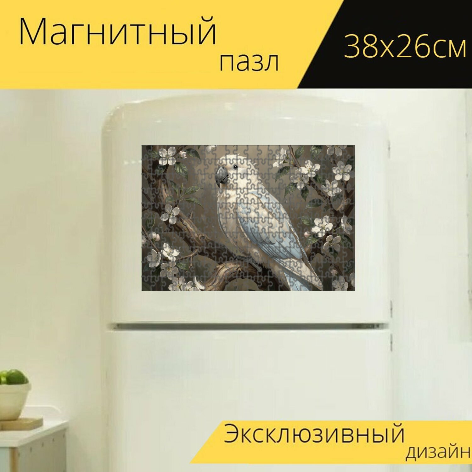 Магнитный пазл "Белый попугай среди цветущих ветвей. Изящная иллюстрация с экзотической птицей на ветвях, окружённой белоснежными цветами и зелёной листвой." для интерьера, 38х26 см.