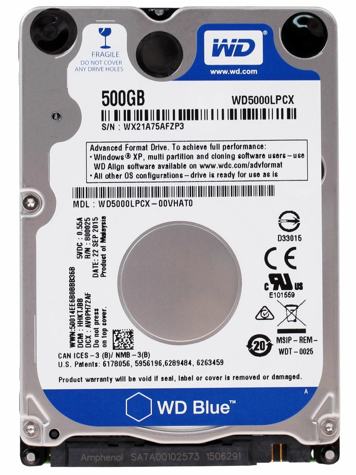 Внутренний жесткий диск WD BLUE 500 GB 2.5' HDD WD5000LPCX