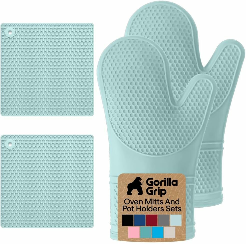 Кухонные прихватки GORILLA GRIP из мягкого силикона без BPA, термостойкие и водонепроницаемые защитные перчатки для готовки, с толстой хлопковой подкладкой, гибким захватом, набор кухонных прихваток для гриля и барбекю, 12.5x8.3, черные.