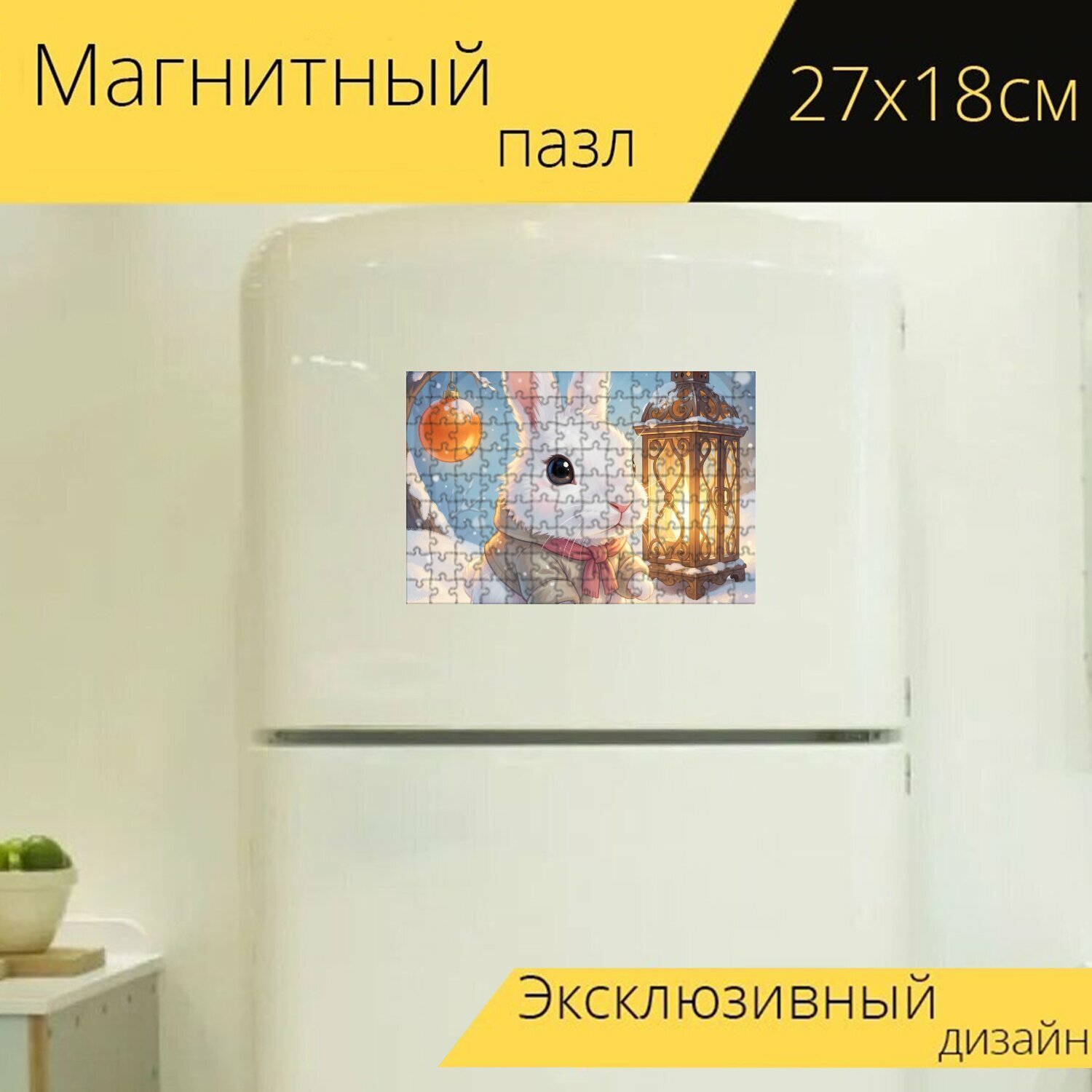 Магнитный пазл "Белый кролик в зимнем лесу. Милый ушастый зверек в теплой куртке и шарфе сидит в заснеженном пейзаже рядом с резным фонарем и оранжевым." на холодильник 27 x 18 см.