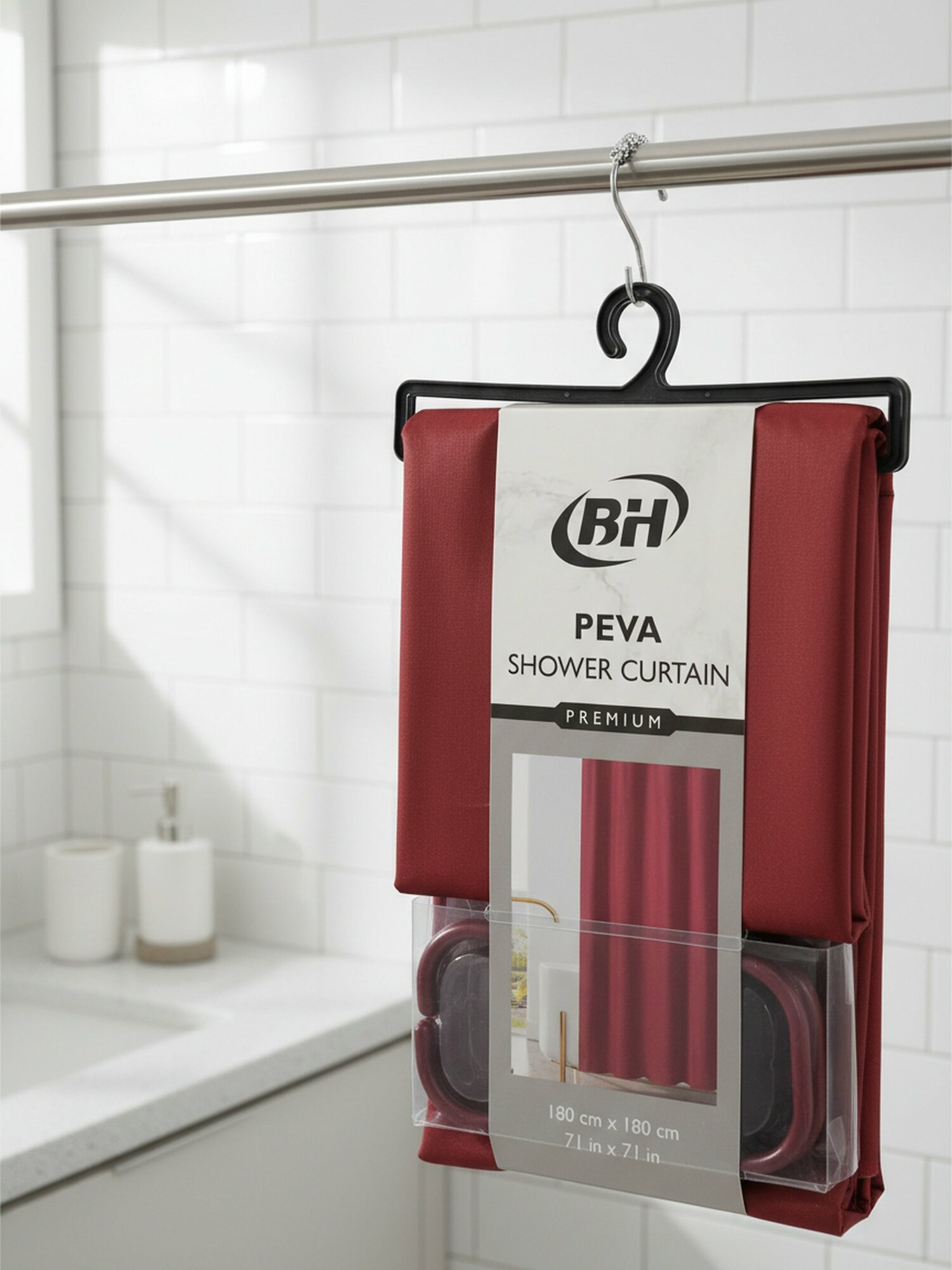 Штора для ванной 180х180 см, материал PEVA, цвет бордовый матовый, в комплекте с кольцами, артикул Y4-11178
