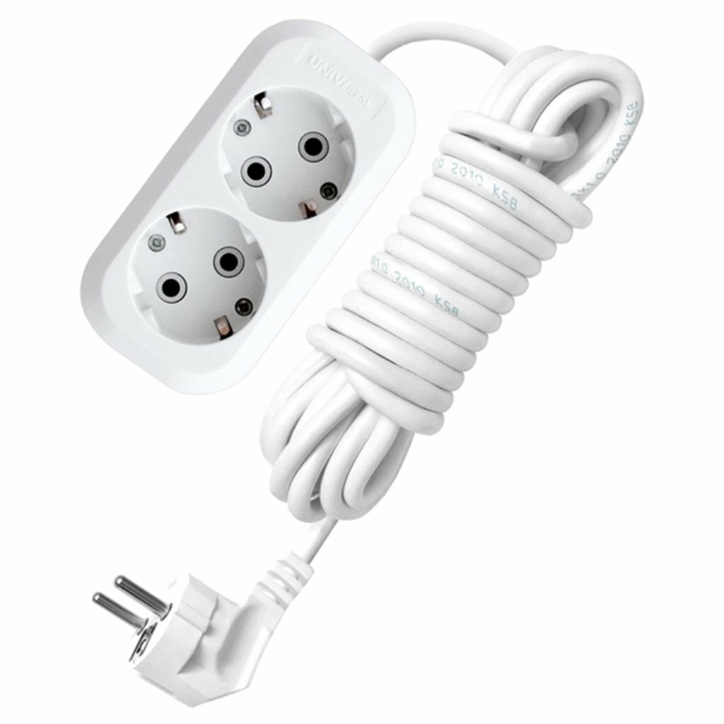 Удлинитель бытовой UNIVersal E-302, 2 гнезда, 2 метра, ПВС 3х1 мм², с заземлением, надежный российский электротовар