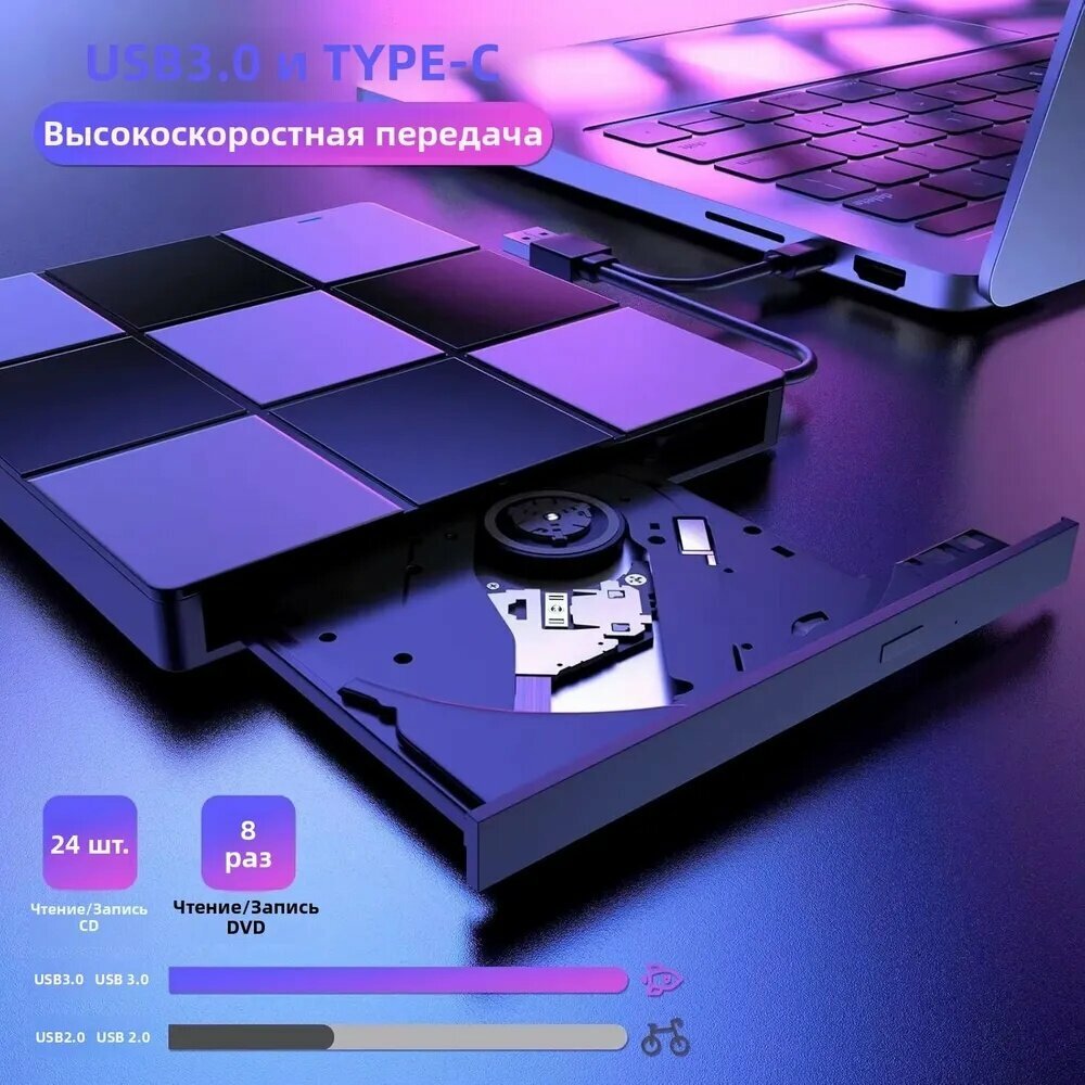 Внешний CD/DVD-привод для ноутбука, DVD-плеер для ноутбука, Ультратонкий портативный USB 3.0 7 в 1