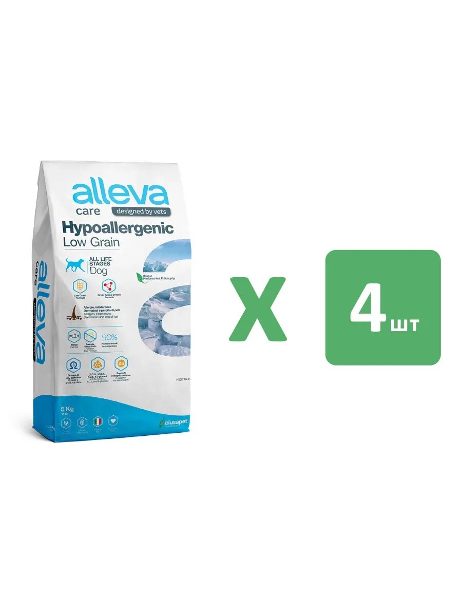Корм сухой Alleva Care Adult Dog Hypoallergenic Low Grain низкозерновой для взрослых собак всех пород при пищевой аллергии, 5 кг 4 шт