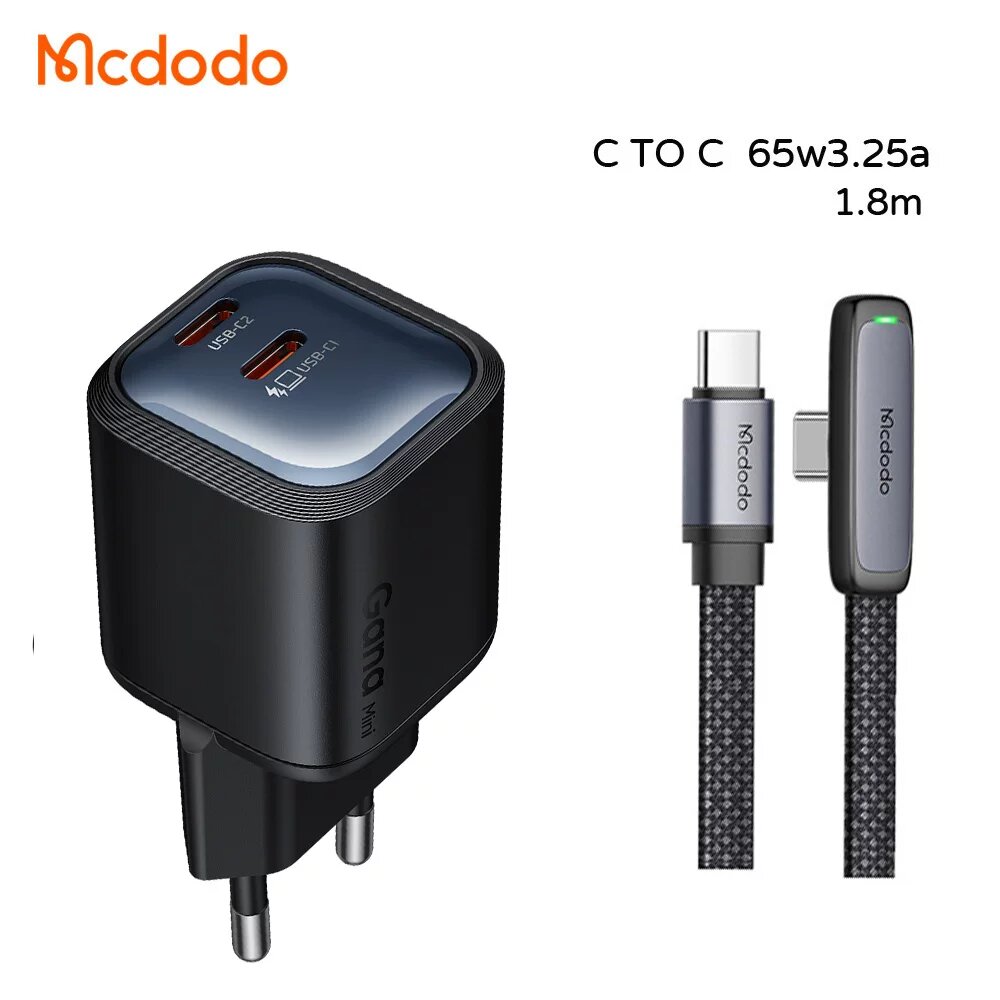 45W GaN двойной USB-C зарядное устройство с 65Вт кабелем, евроштепсель, черный для iPhone Samsung Apple ноутбуков