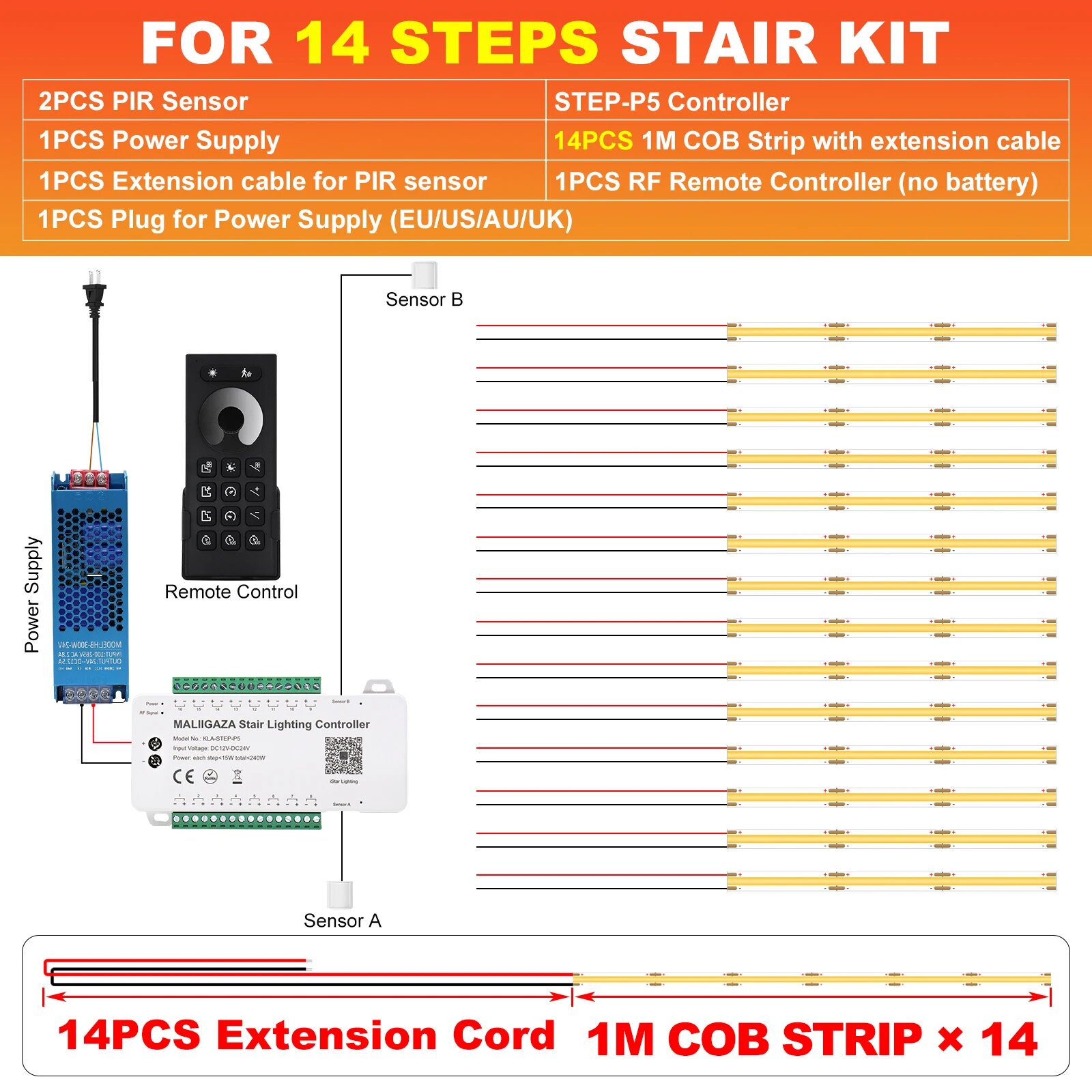 FOB COB комплект светодиодной ленты для лестниц 24В For 14 Steps Kit, 6000K