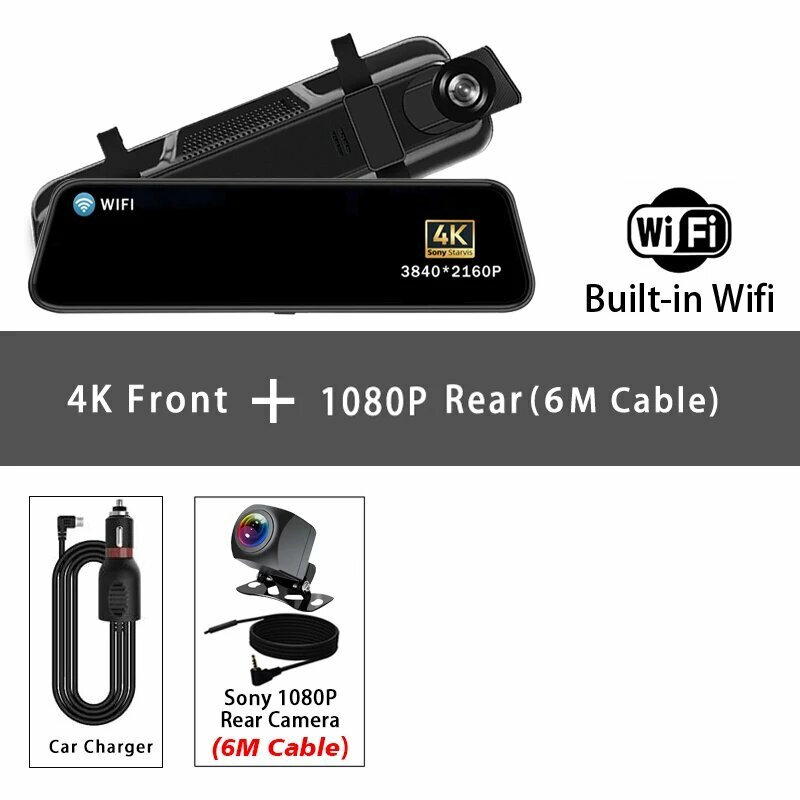 10-дюймовый видеорегистратор 4K 2160P GPS WIFI Автомобильный видеорегистратор Зеркало с двумя объективами Видеорегистратор IPS Экран Автомобильная камера Рекордер Потоковое зеркало заднего вида