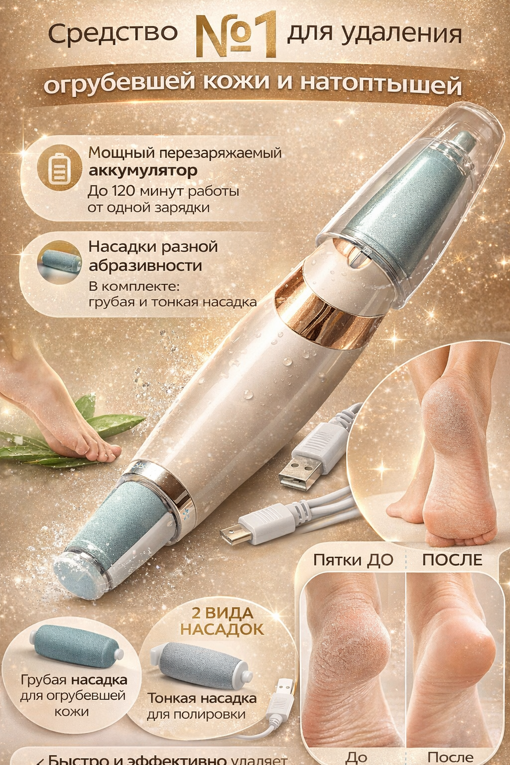 Роликовая пилка для ног Perfect Pad, USB-зарядка, 3 режима шлифовки, для педикюра
