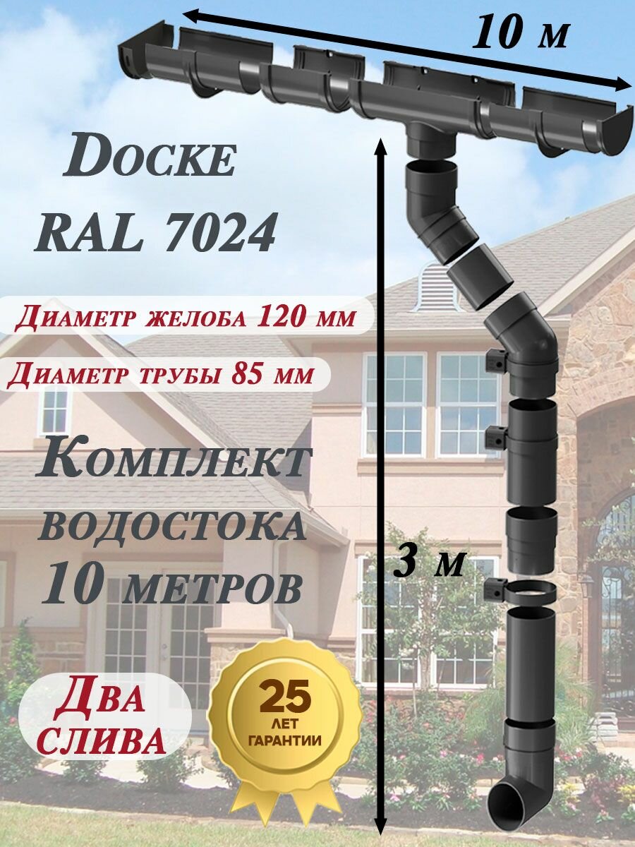 Водосток для крыши Деке Премиум 10 м (1,5 м + 1 м) два слива ( 120 мм / 85 мм ) комплект водосточной системы для дома пластиковый Docke Premium ( цвет RAL 7024 серый графит ) комплект ПВХ