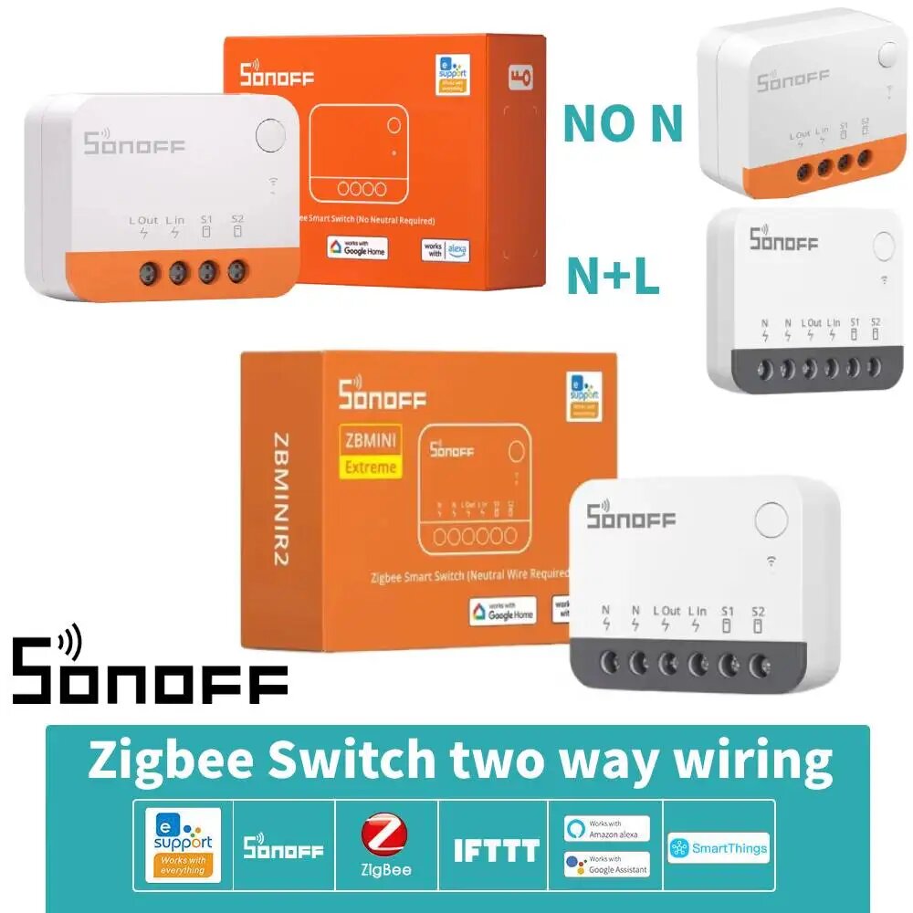 SONOFF ZBMINI L2 R2 Умный выключатель Zigbee с поддержкой двухпроводного подключения (с нулевым проводом или без) Поддерживает Alexa, Google Home Assistant, Mqtt, Smartthings Hub — Подключение с нулевым проводом