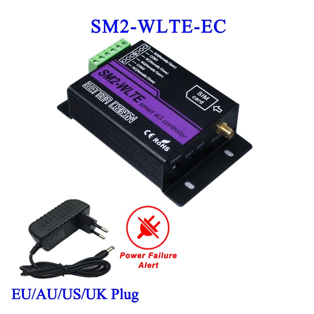 Удаленный контроллер реле 2 каналов 4G LTE 2G GSM SMS SM2-WLTE с приложением и веб-кон trolем, оповещением о пропаже питания, мониторингом температуры и влажности-SM2-EC