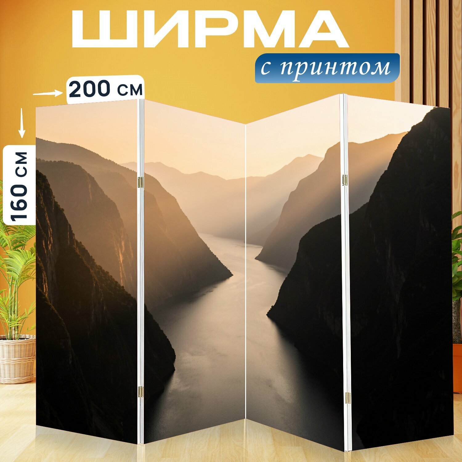 Ширма "Горный каньон с рекой. Живописная долина между крутыми скалами, над водой мягкий золотистый рассветный." перегородка для зонирования комнаты с принтом 200x160 см. на холсте