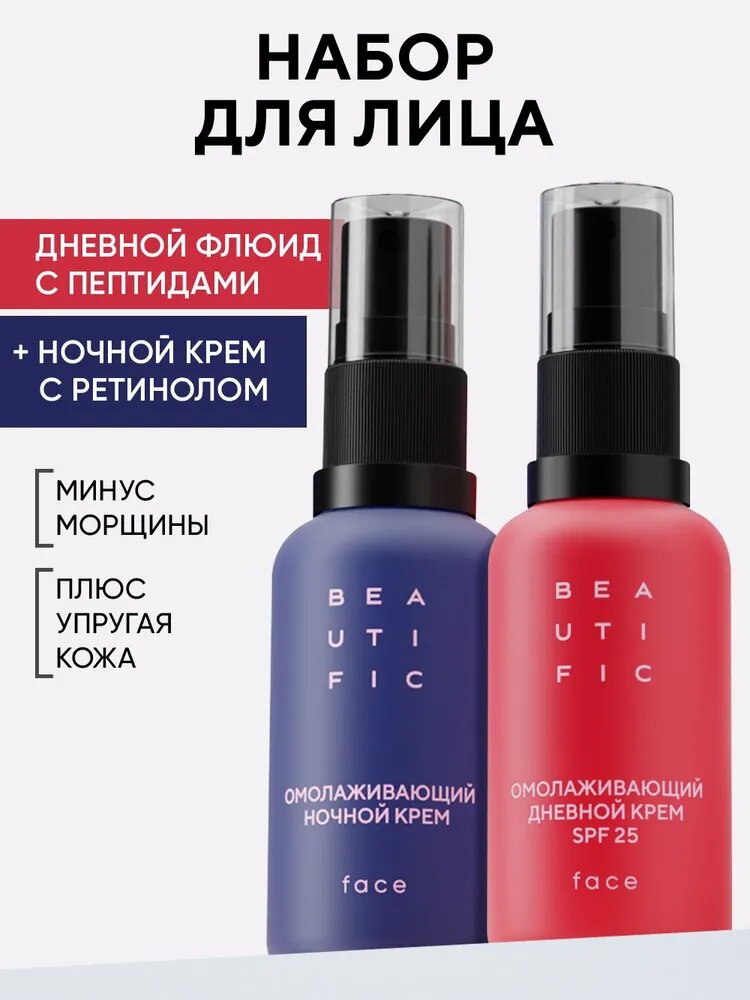 BEAUTIFIC BEAT MY AGE Флюид для лица омолаживающий против морщин с коллагеном SPF25, 30 мл и Ночной крем для лица антивозрастной с ретинолом и пептидами, 30 мл